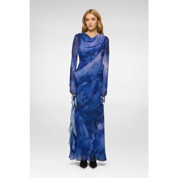 DASKA Circe Maxi Dress With Ruffle And Tie Details - Blue