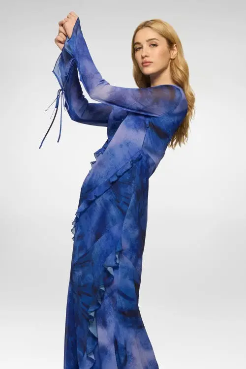 DASKA Circe Maxi Dress With Ruffle And Tie Details - Blue
