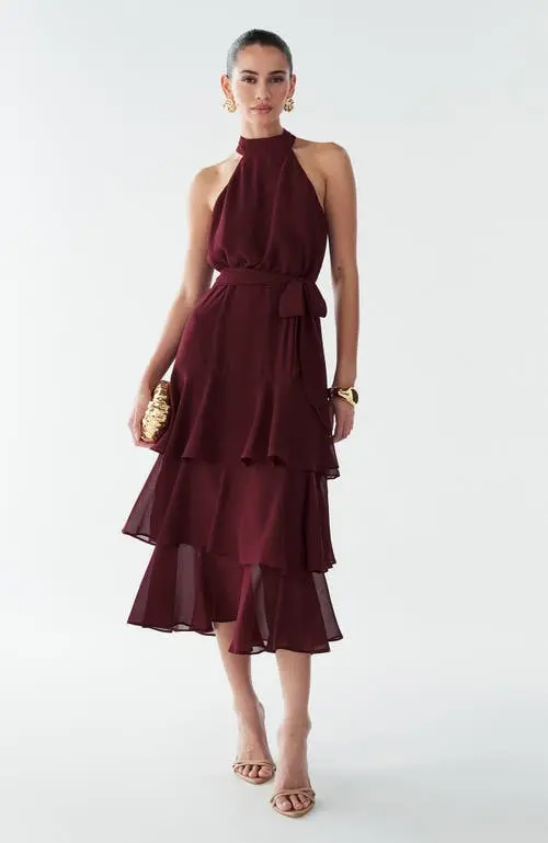BWLDR Tony Midi Dress With Tiered Skirt And Belt - Burgundy