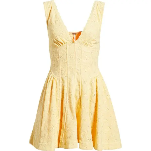 Free People Eyelet Embroidered Minidress - Golden Apricot Combo
