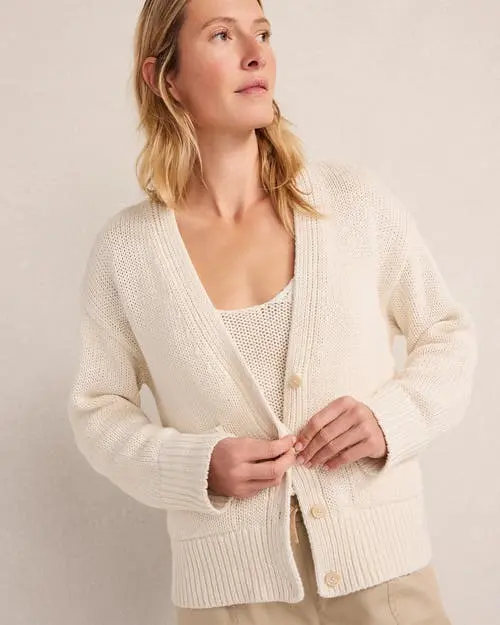 HAVEN WELL WITHIN Cotton Linen Plaited V-neck Cardigan - Sandstone/ivory