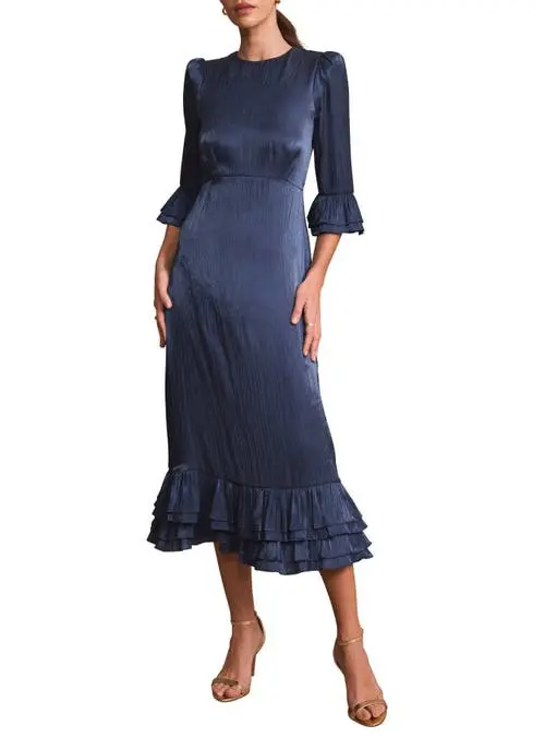 Mint Velvet Metallic Ruffled Midi Dress - Navy
