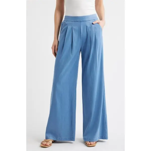 Hue Wide Leg Pull-on Denim Pants - Chambray