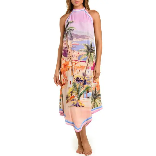 L'Agence Elise Postcard Print Cover-up Halter Dress - Pink Multi