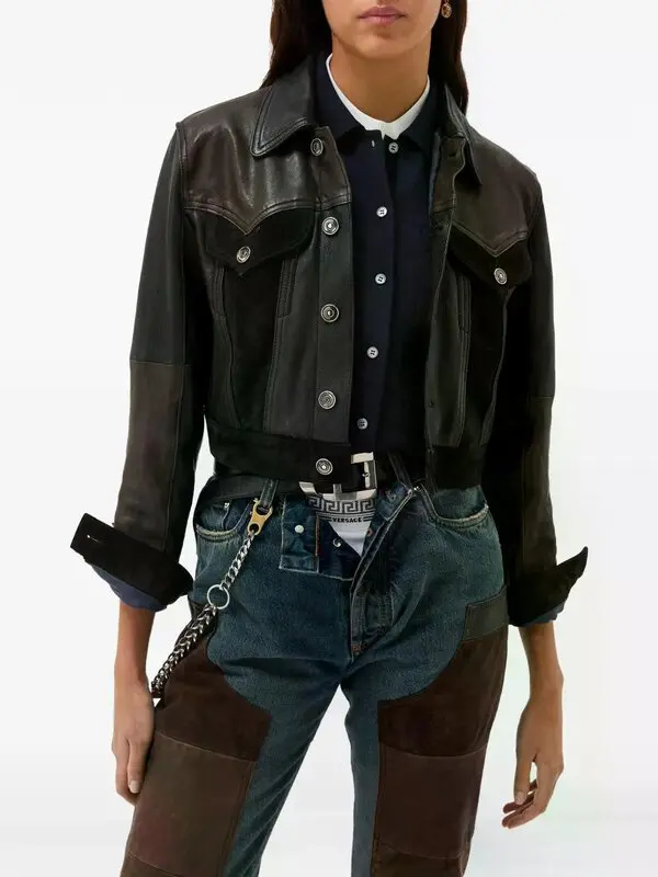 Versace Cropped Leather Blouson Jacket With Suede Inserts