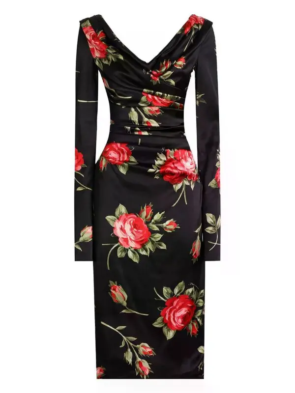 Dolce & Gabbana Floral Long-sleeved Midi Dress - Black