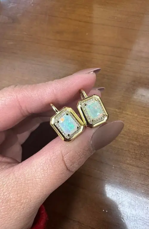 Goshwara Emerald Cut Opal & Diamond Drop Earrings - White Opaque