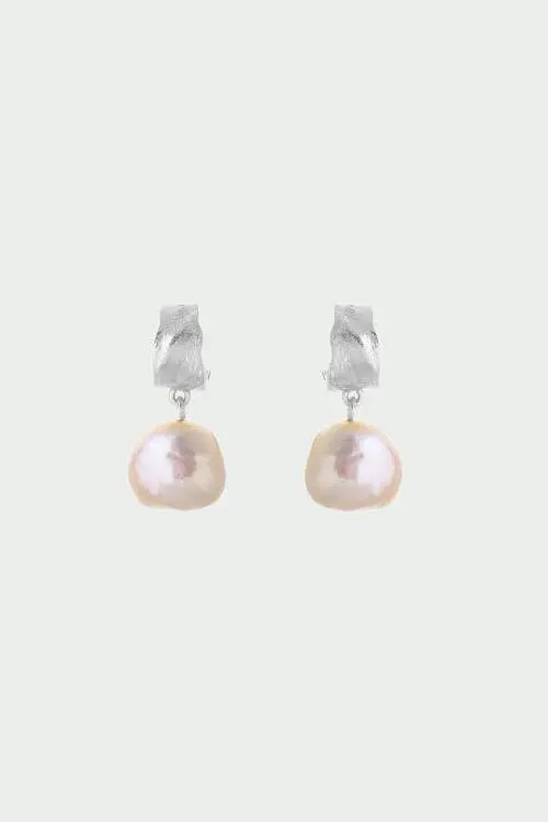 TUTTI Textured Hoop Freshwater Pearl Drop Earrings - Silver