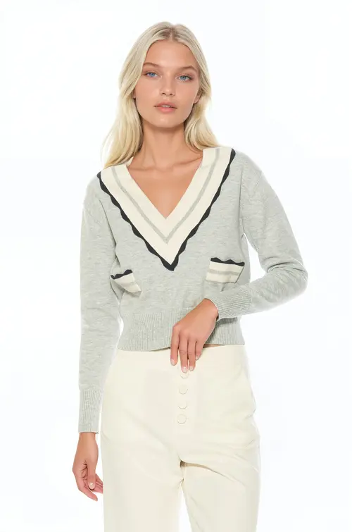 ALEXIA ADMOR Arden Deep V Contrast Trim Cardigan - Grey