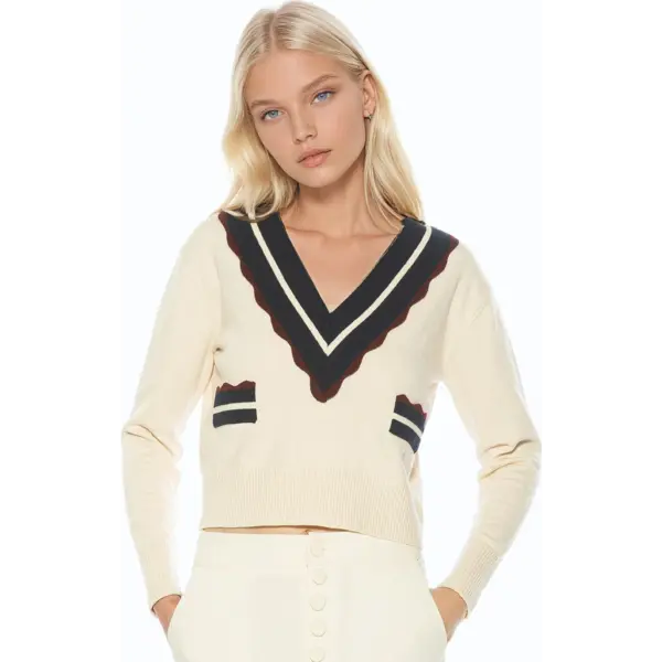 ALEXIA ADMOR Arden Deep V Contrast Trim Cardigan - Ivory