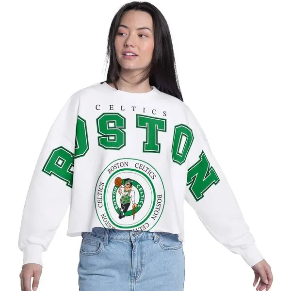G-III 4HER BY CARL BANKS Boston Celtics Bleachers Cropped French Terry Sweatshirt - White