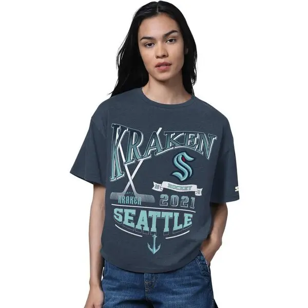 STARTER Seattle Kraken Oversized Hall Of Fame T-shirt - Heather Navy