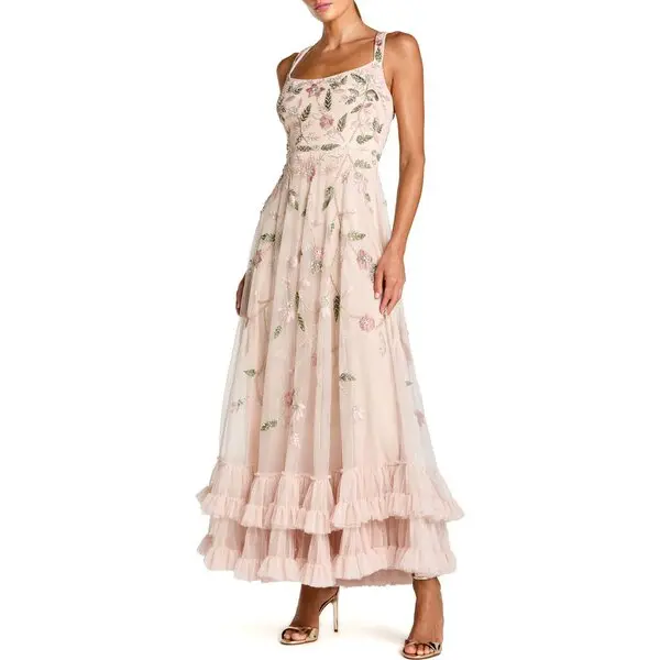 Mac Duggal Floral Embroidered Ruffle Dress - Porcelain