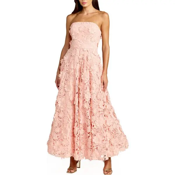 Mac Duggal Floral Lace Strapless A-line Midi Dress - Blush