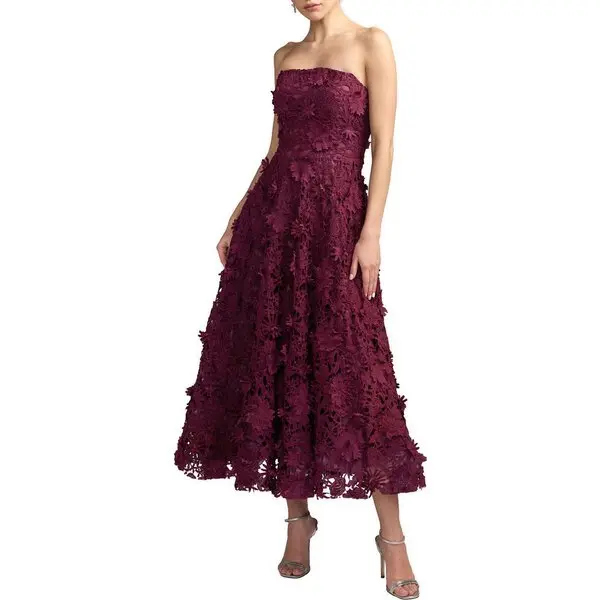 Mac Duggal Floral Lace Strapless A-line Midi Dress - Plum