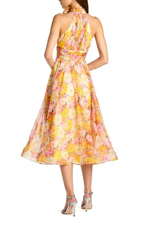 Mac Duggal Printed Chiffon Mock Neck Midi Dress