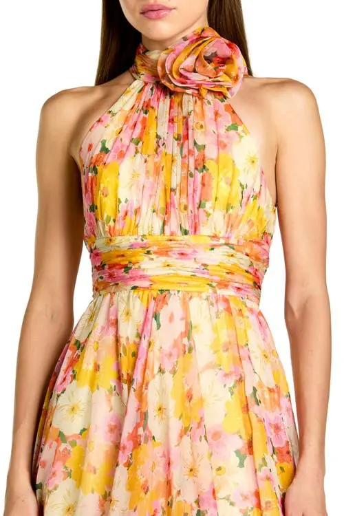 Mac Duggal Printed Chiffon Mock Neck Midi Dress