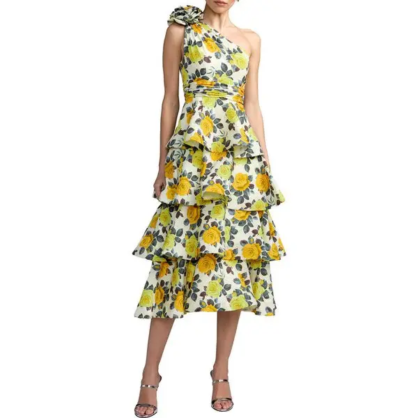 Mac Duggal Floral One-shoulder Charmeuse Midi Dress - Yellow Rose