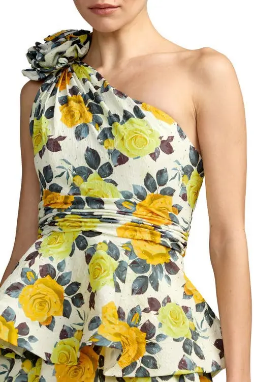 Mac Duggal Floral One-shoulder Charmeuse Midi Dress