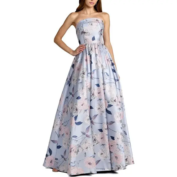 Mac Duggal Floral Brocade Strapless A-line Ballgown - Blue Multi