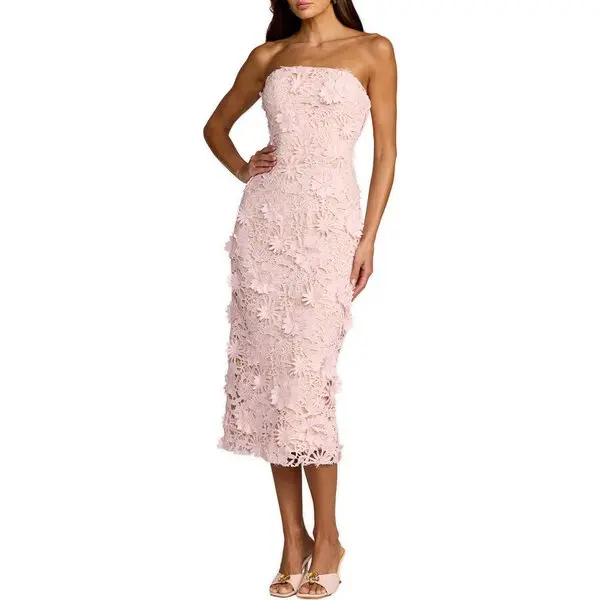 Mac Duggal Strapless Lace Floral Detail Fitted Midi Dress - Blush