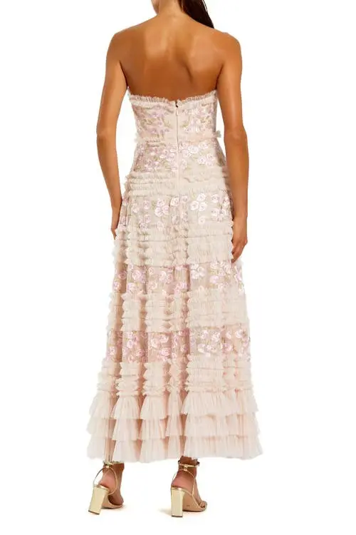 Mac Duggal Floral Embroidered Strapless Ruffle Midi Dress