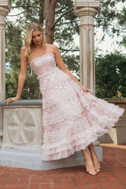 Mac Duggal Floral Embroidered Strapless Ruffle Midi Dress