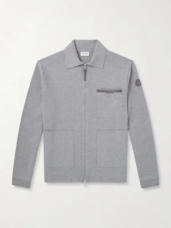 Moncler Leather-trimmed Virgin Wool Zip-up Cardigan - Gray