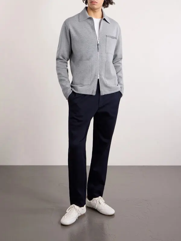 Moncler Leather-trimmed Virgin Wool Zip-up Cardigan - Gray