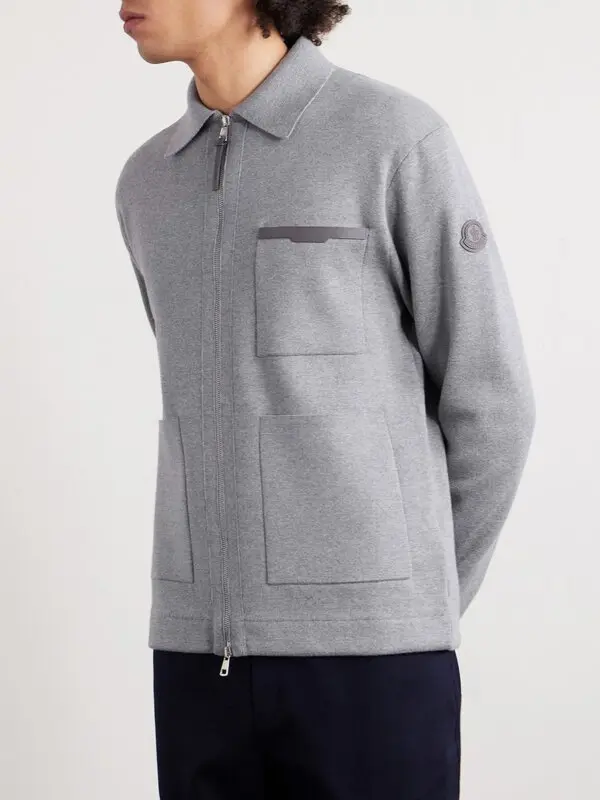 Moncler Leather-trimmed Virgin Wool Zip-up Cardigan - Gray