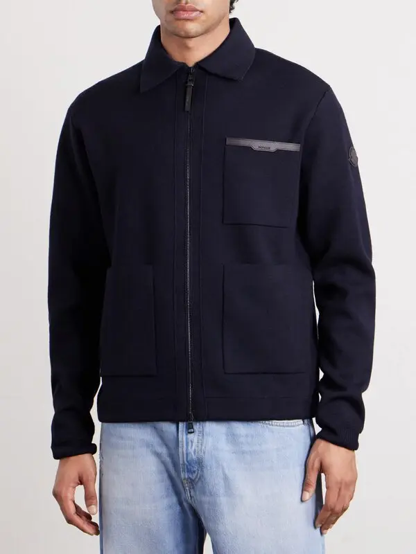 Moncler Leather-trimmed Virgin Wool Zip-up Cardigan - Blue