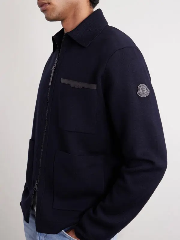 Moncler Leather-trimmed Virgin Wool Zip-up Cardigan - Blue