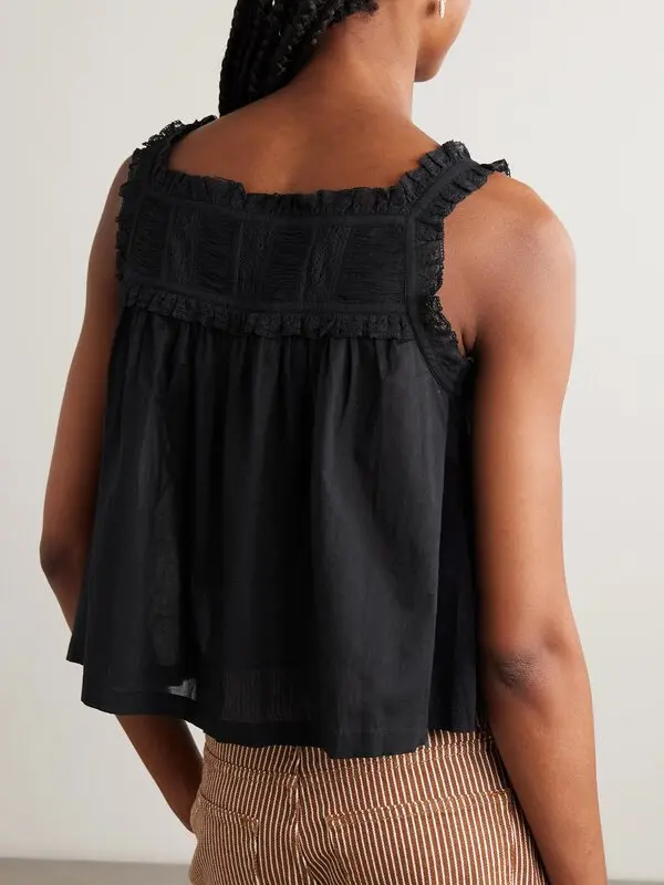 DÔEN Fidella Cropped Lace-trimmed Organic Cotton-voile Top - Black