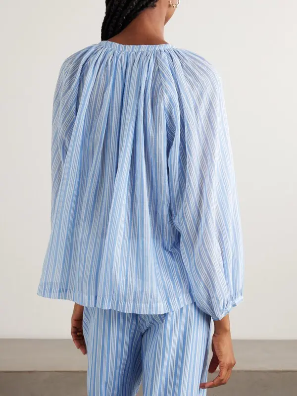 DÔEN Jonie Striped Organic Cotton-voile Blouse - Blue