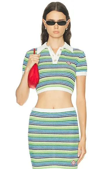 Casablanca Striped Crochet Polo Shirt - Green Multi