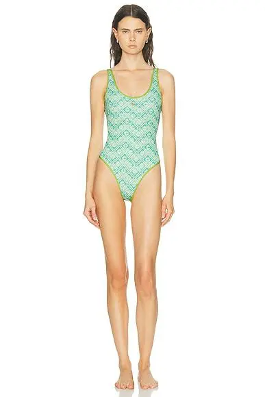 Casablanca Wavy Monogram One Piece Swimsuit - Green