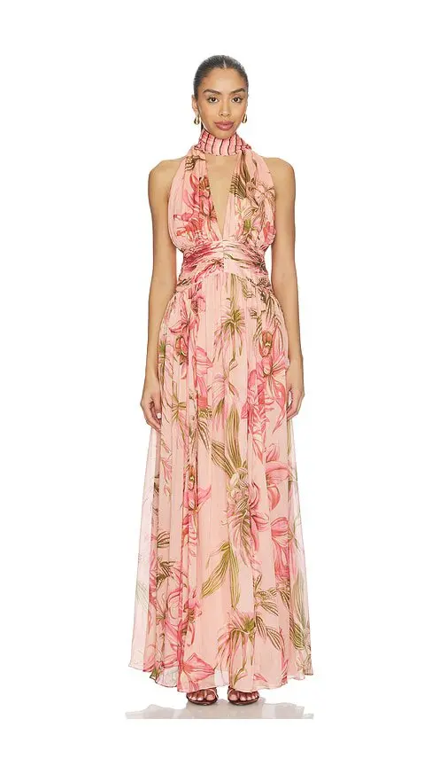 Rococo Sand Ruched Sash Maxi Dress - Peach