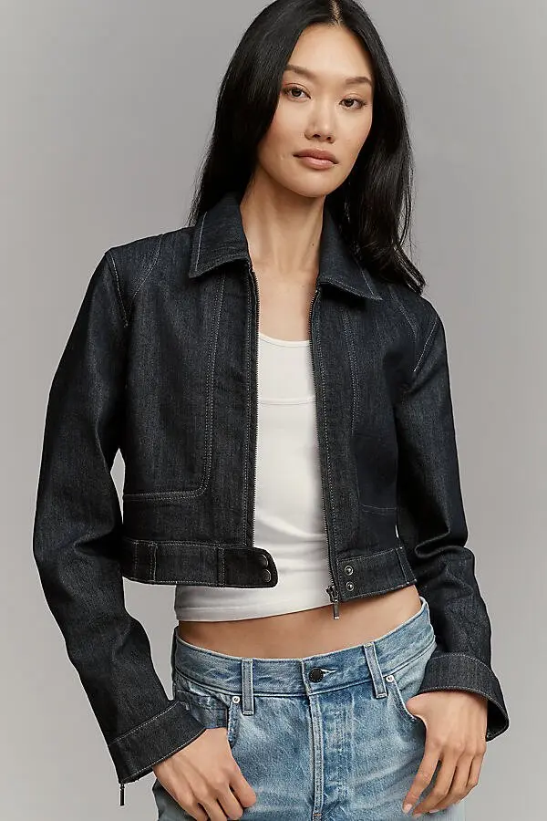 PILCRO Shrunken Stretch Denim Moto Jacket - Rinsed Denim