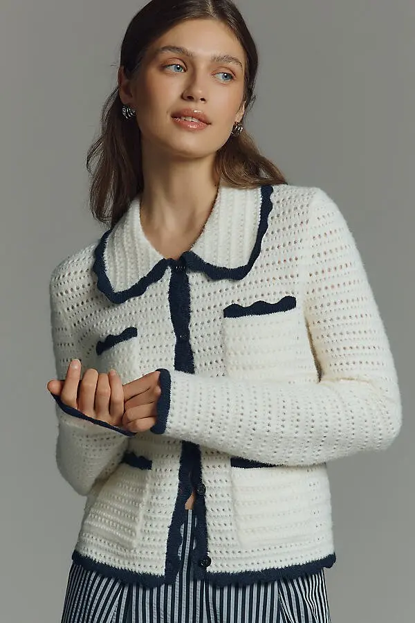 NVLT Crochet Knit Collared Jacket - White/navy
