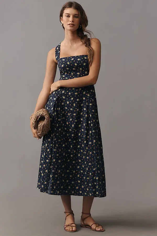 Maeve Printed A-line Halter Midi Dress - Navy