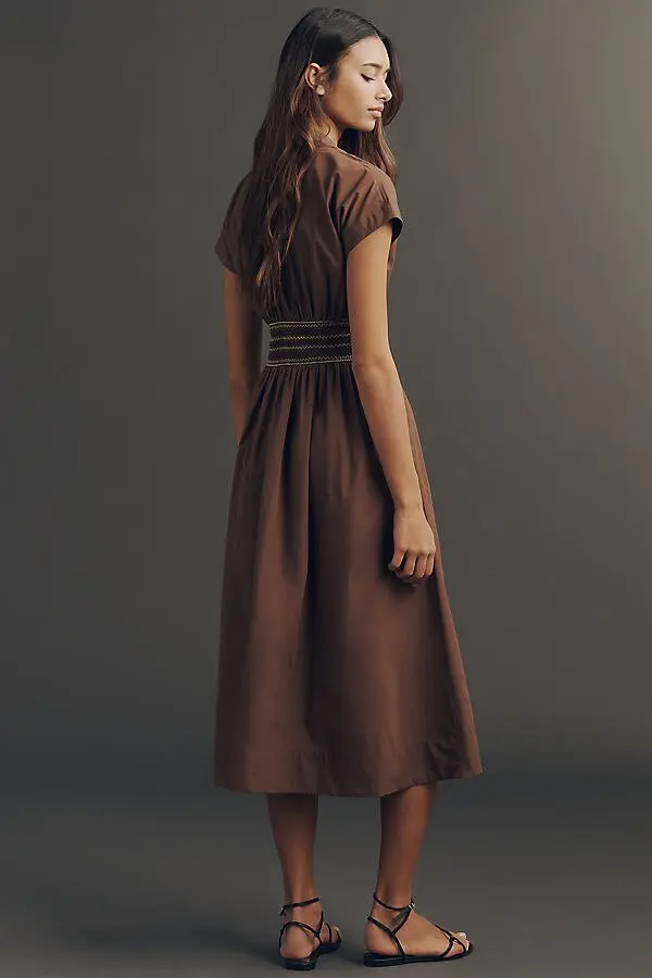 Anthropologie Smocked Cotton Poplin Midi Dress