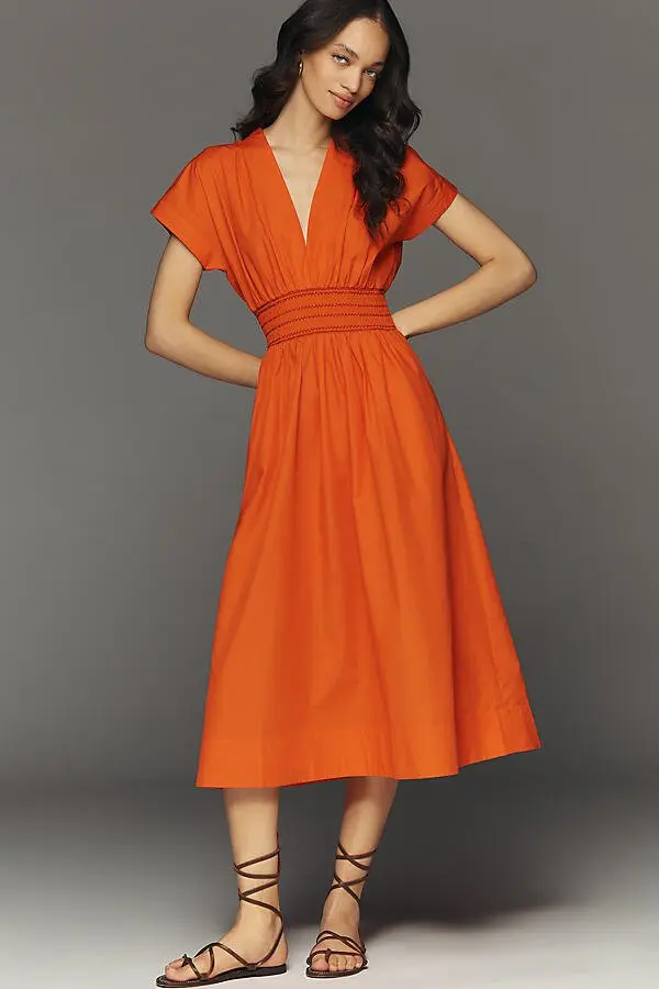 Anthropologie Smocked Cotton Poplin Midi Dress - Red