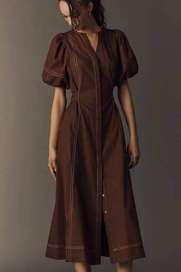 EXQUISE Stitched Puff-sleeve Midi Dress