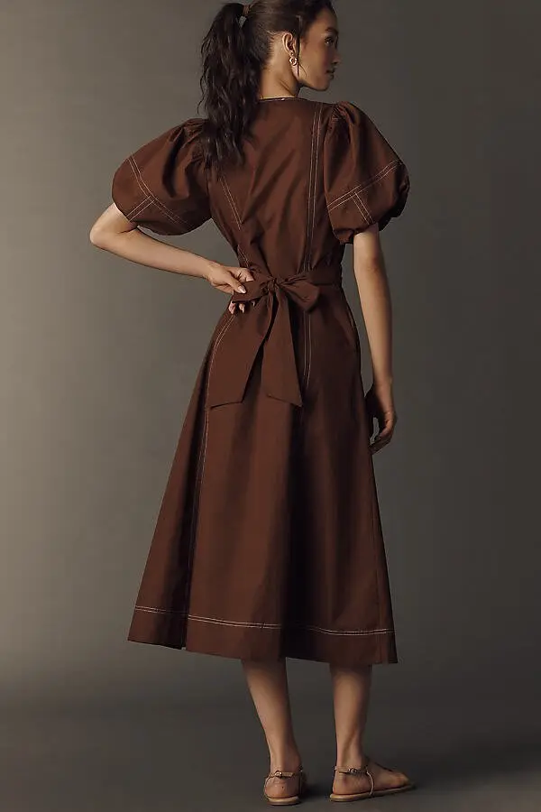 EXQUISE Stitched Puff-sleeve Midi Dress
