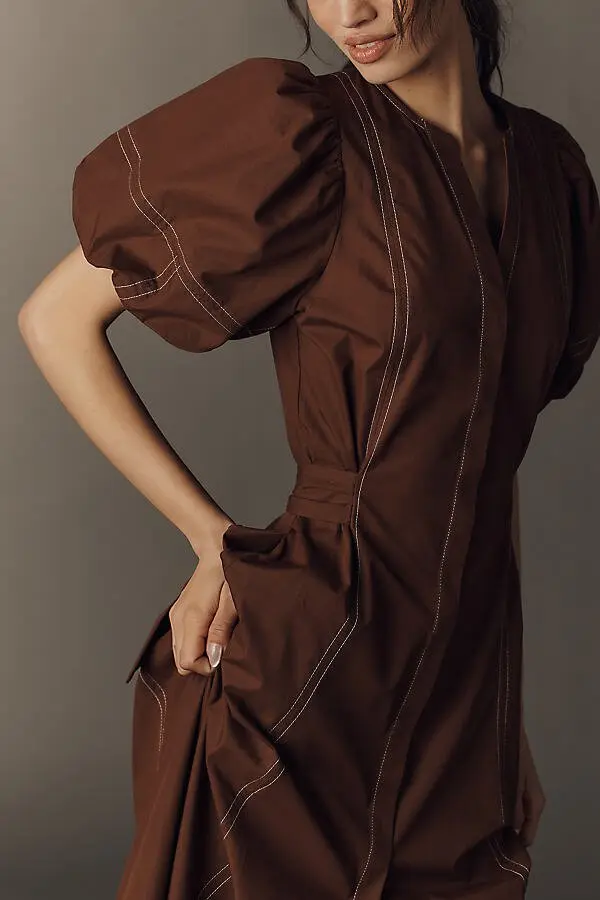 EXQUISE Stitched Puff-sleeve Midi Dress