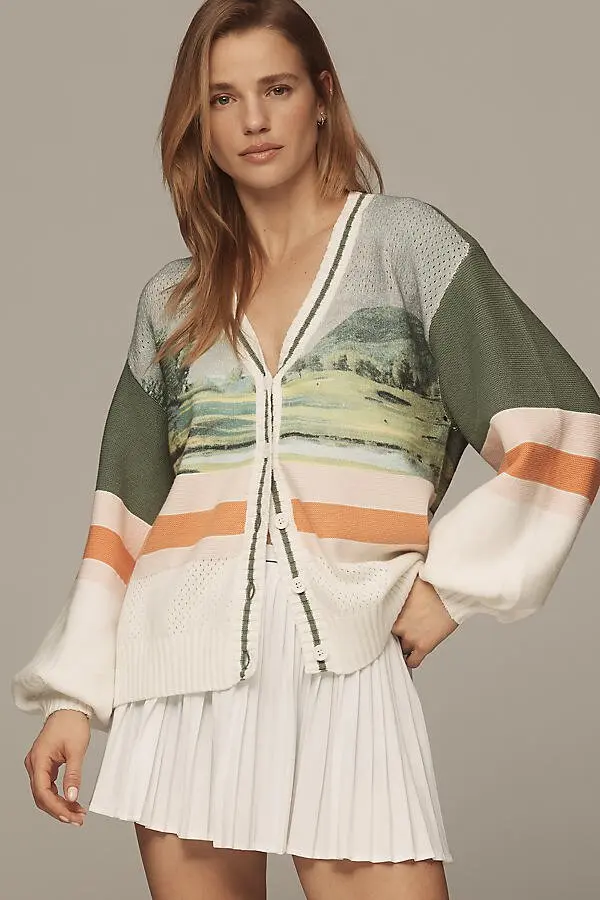 DAILY PRACTICE BY ANTHROPOLOGIE Balloon-sleeve Cardigan Sweater - Green Pattern