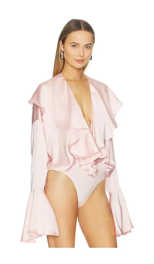 Norma Kamali Long Sleeve Deep V Ruffle Bodysuit - Pink