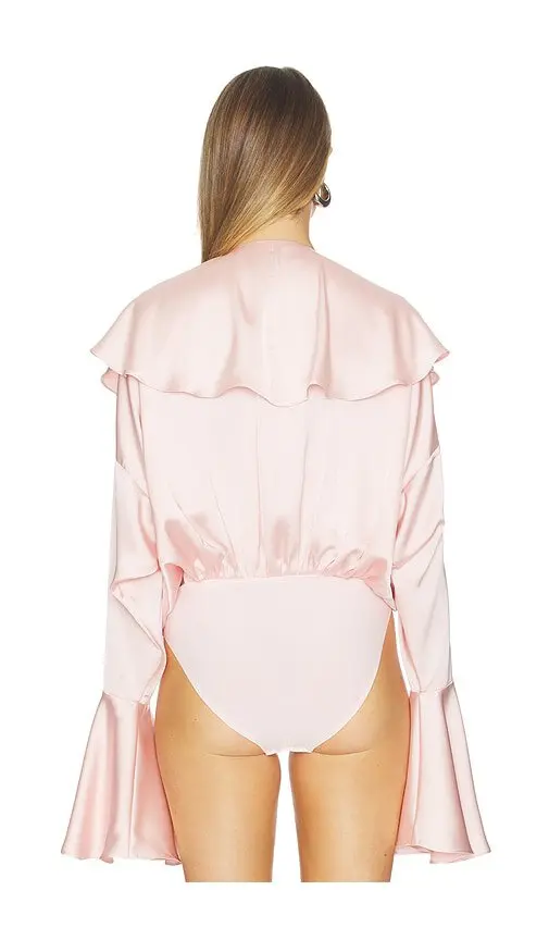Norma Kamali Long Sleeve Deep V Ruffle Bodysuit - Pink