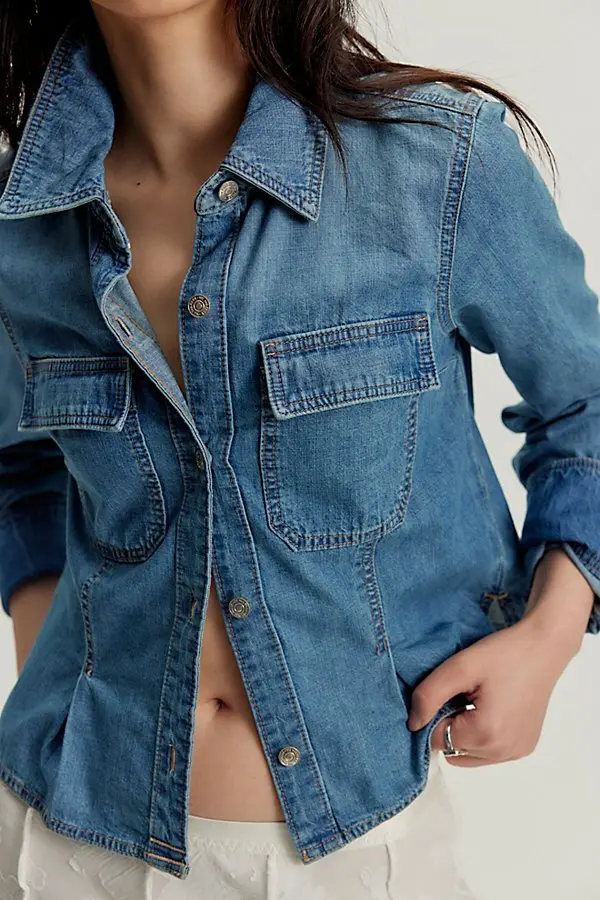 Free People We The Free Winnie Denim Button Down - Stonewash Blue
