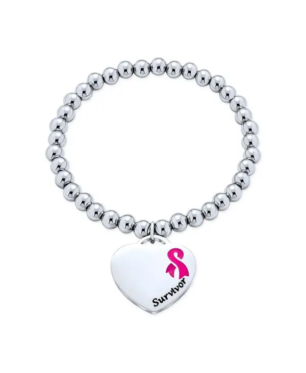 BLING JEWELRY Blank Medical Alert Id Stretch Bracelet Heart Pink Cancer Ribbon Tag - Silver Tone